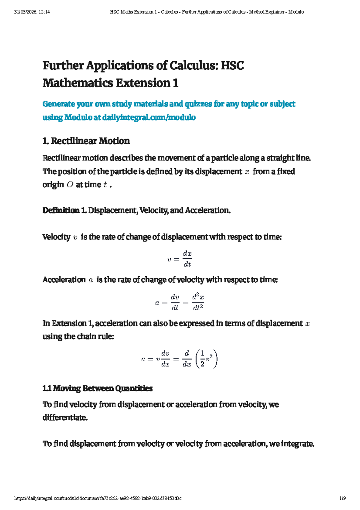 HSC Maths Extension 1: Further Applications of Calculus Method ...