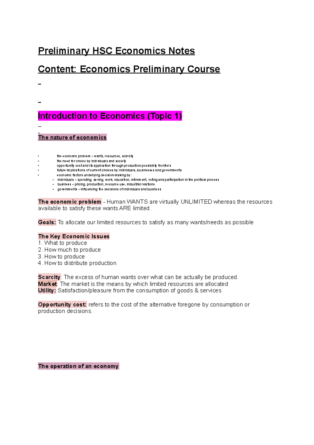 Preliminary HSC Economics Class Notes and Key Concepts - Studocu