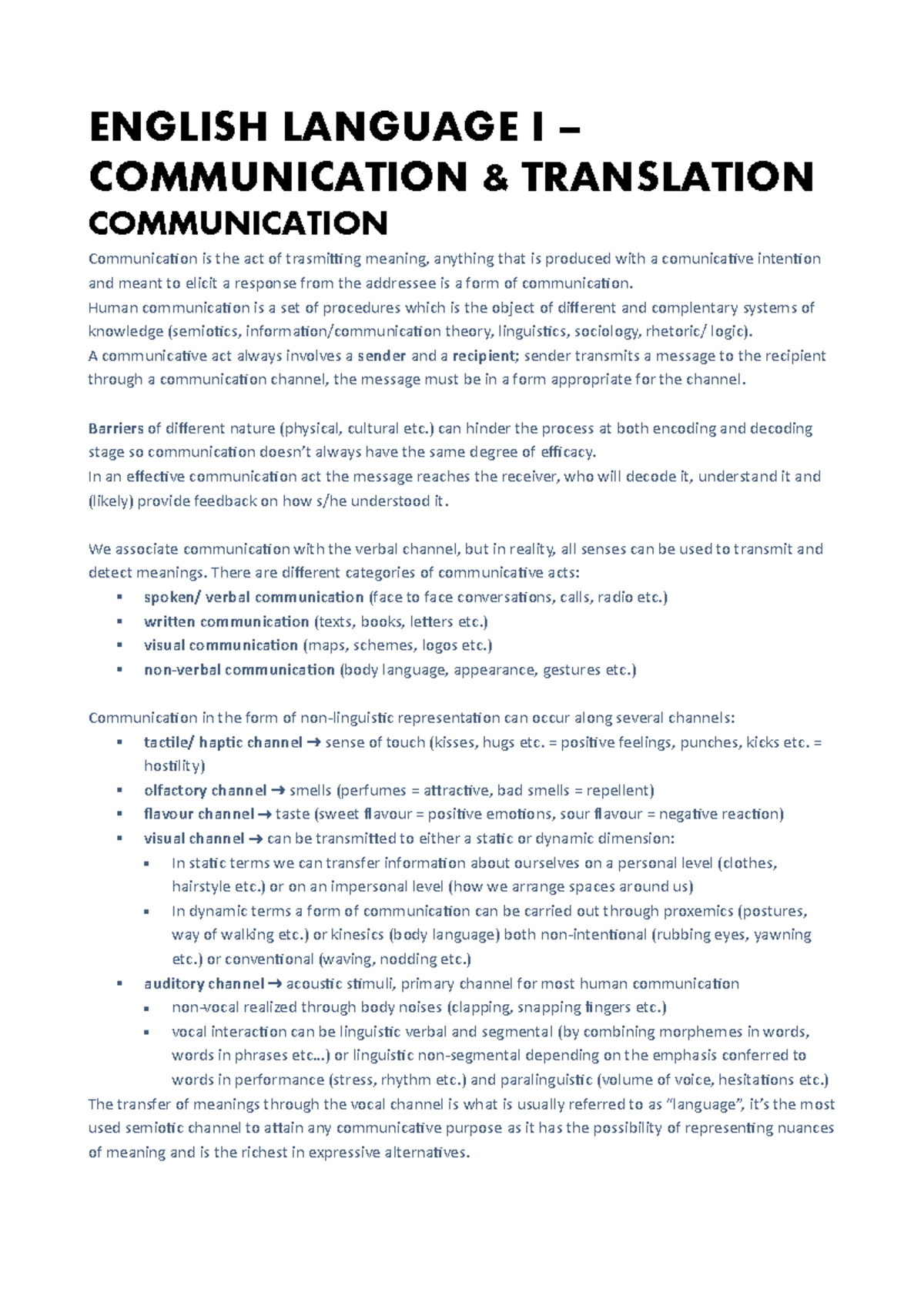 English Language I: Communication and Translation Overview - Studocu