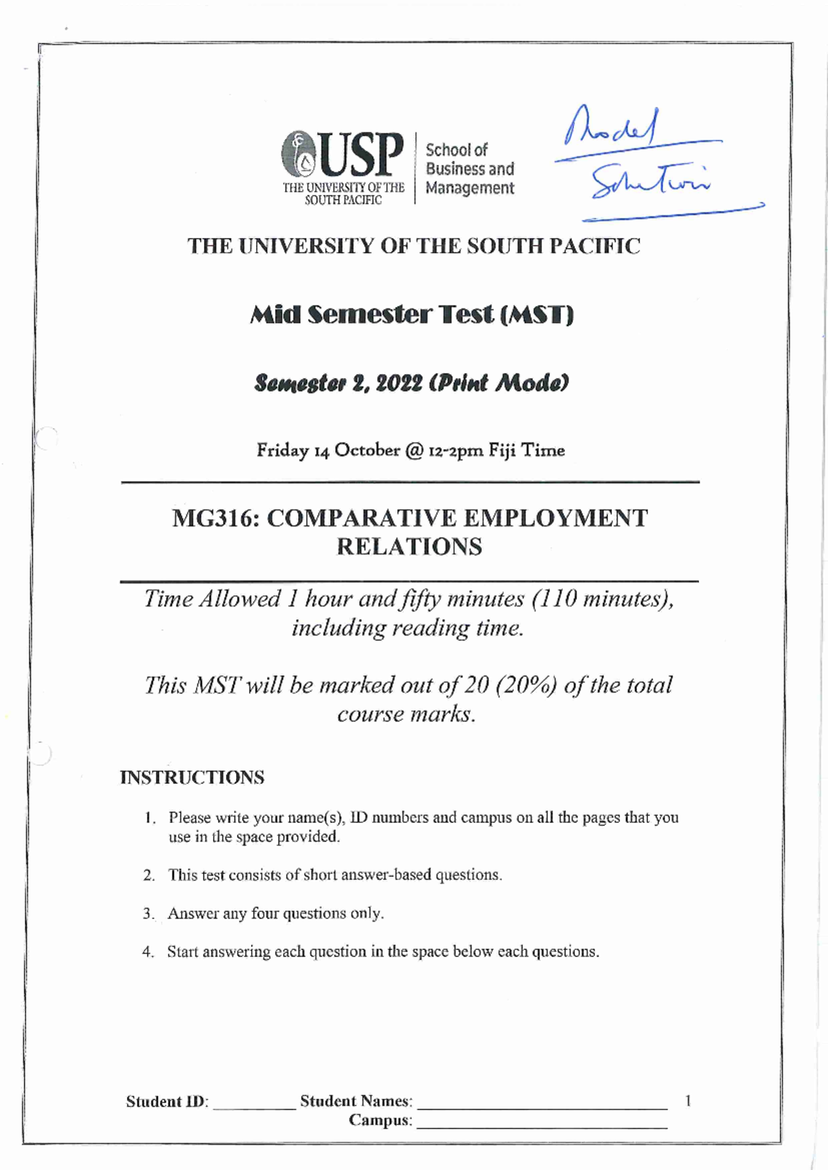 Semester 2 2022 MG316 MST - Solution - Industrial Relations Theory and Policy - USP - Studocu