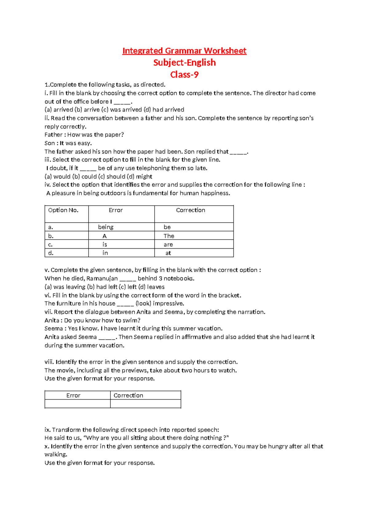 Integrated Grammar Worksheet - English Class 1 - Studocu