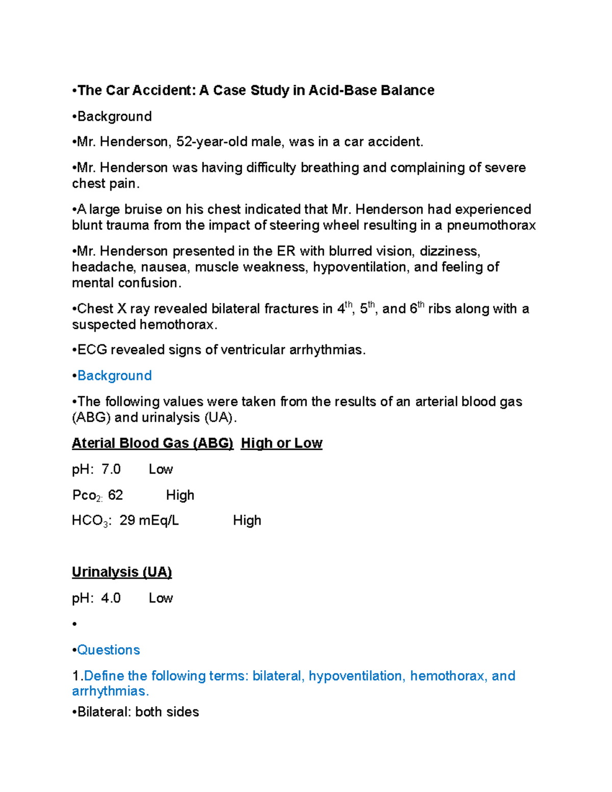 Acid-Base Case Study on Mr. Henderson's Car Accident - Prof. Lennon ...