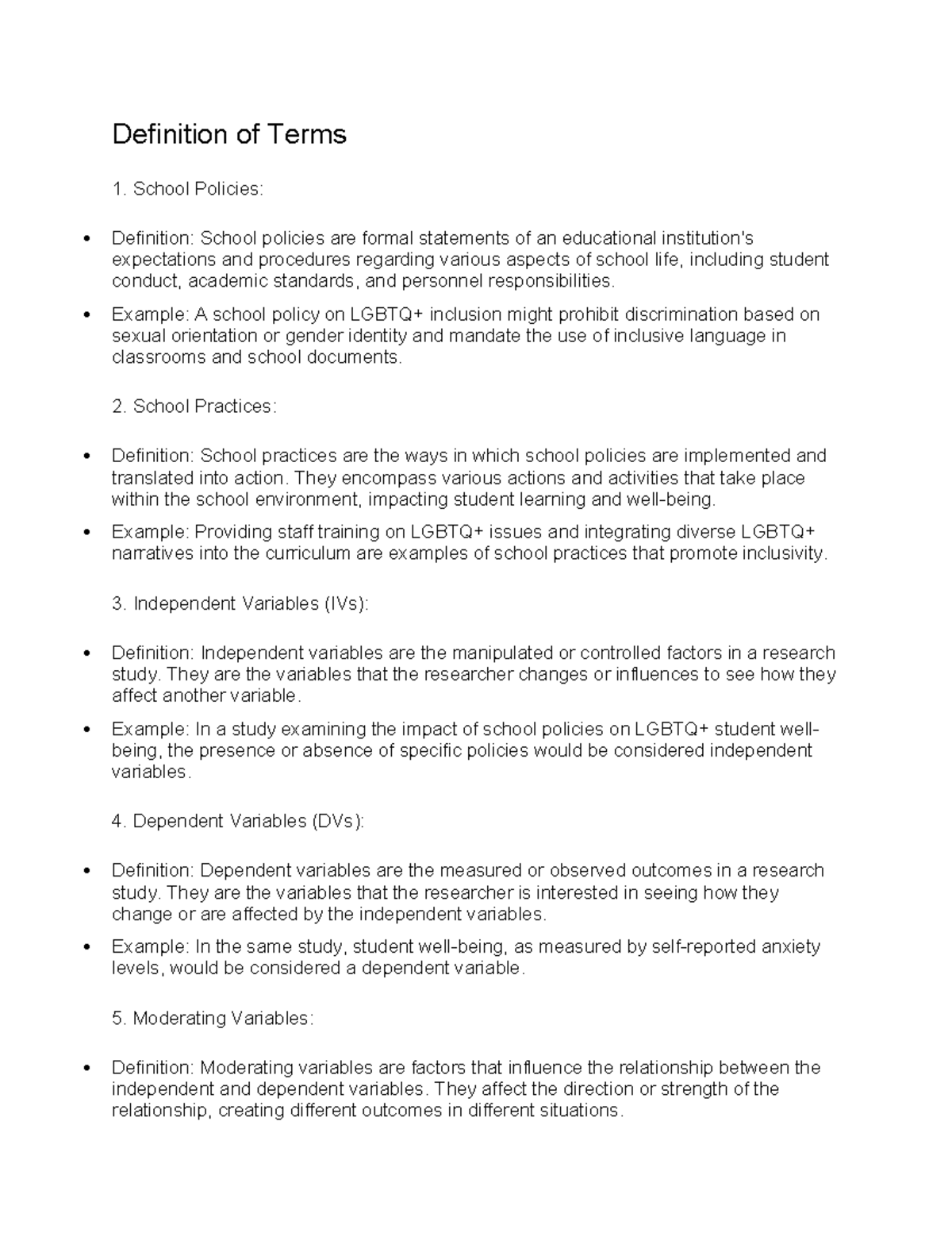 Definitions of Key Terms in School Policies & Practices (EDUC 101 ...
