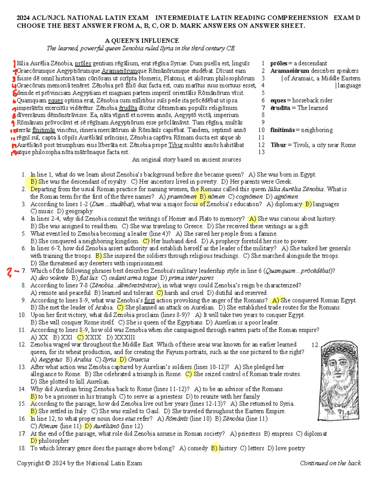 2024 Intermediate Latin Reading Comprehension Exam: Zenobia's Legacy ...