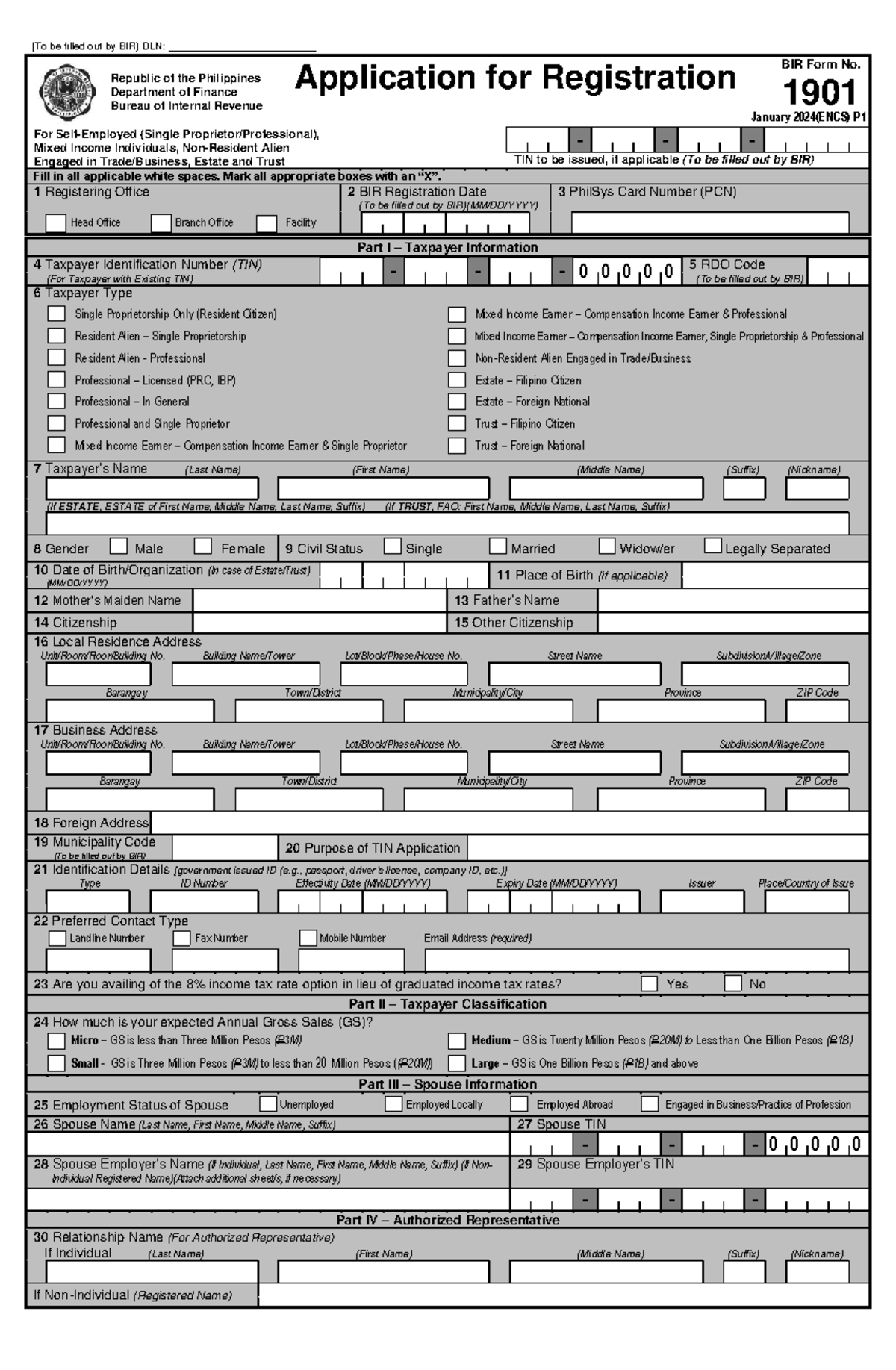BIR Form 1901 Application for Registration (January 2024) - Studocu