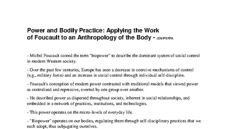 Power and Bodily Practice: Foucault's Biopower in Anthropology - Studocu