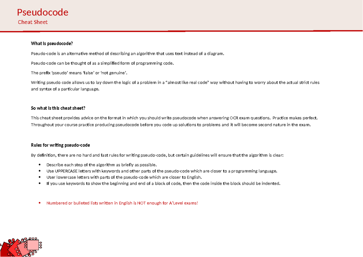 Pseudocode Cheat Sheet for A-Level Exams and Algorithm Design - Studocu