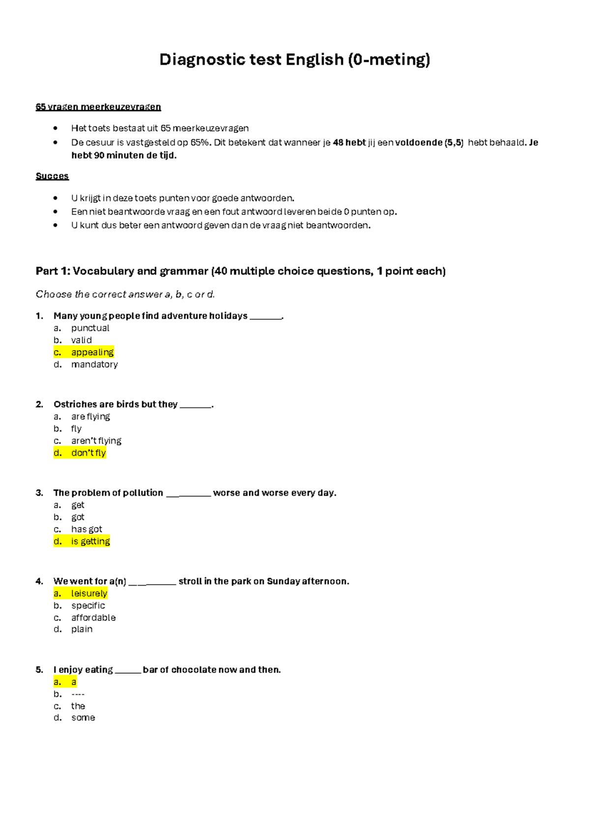 Diagnostic Test English 65: Multiple Choice Questions & Answers ...