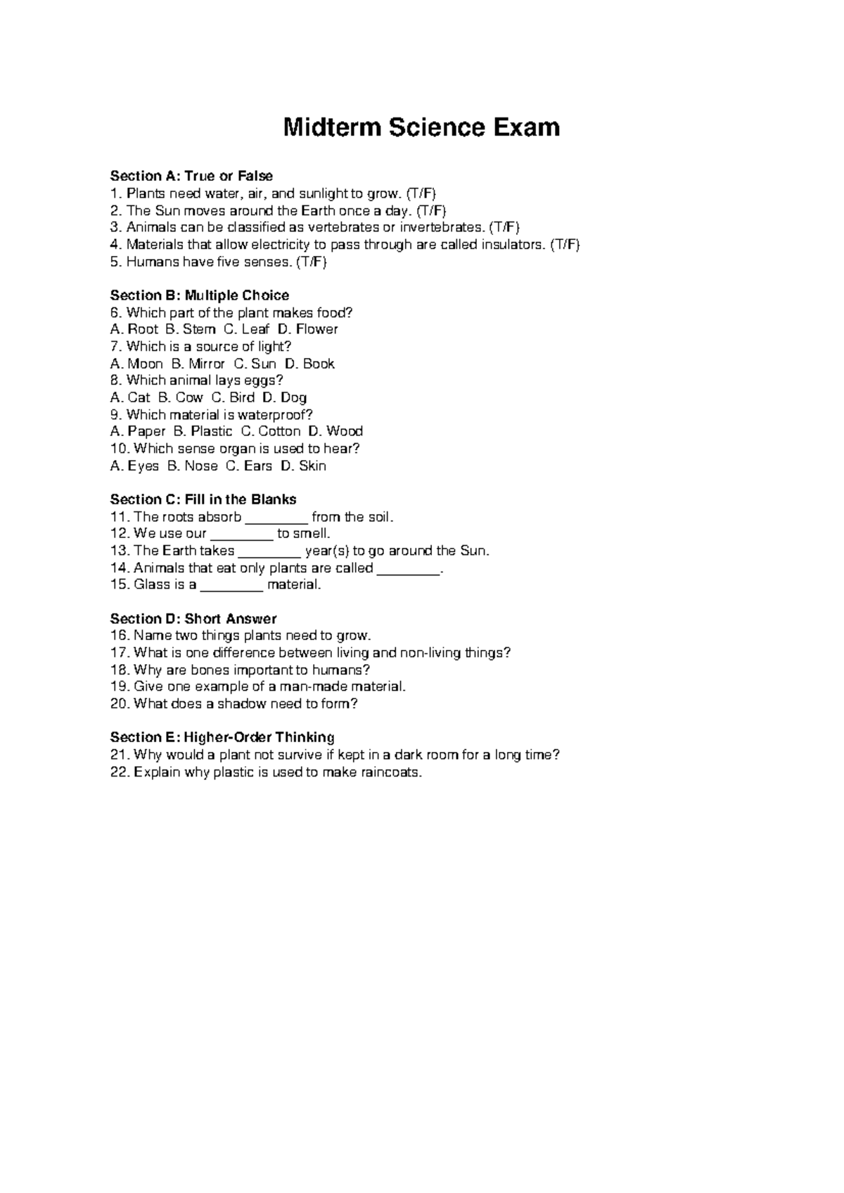 Midterm Exam SCI101: True/False, MCQs, Fill in Blanks & Short Answers ...