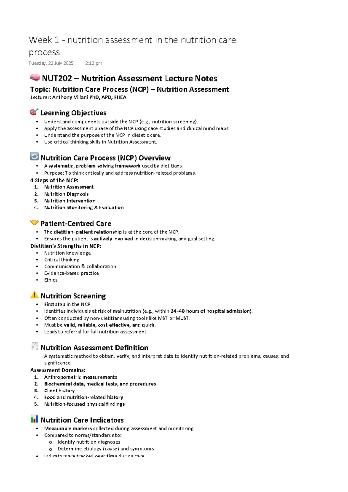 NUT202 Week 1 Lecture Notes: Nutrition Assessment in NCP - Studocu