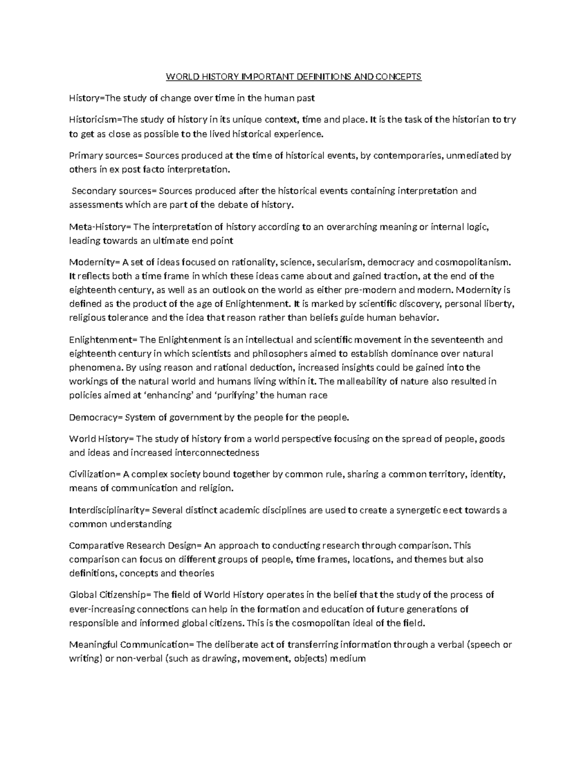 World History: Key Definitions and Concepts Overview - Studeersnel