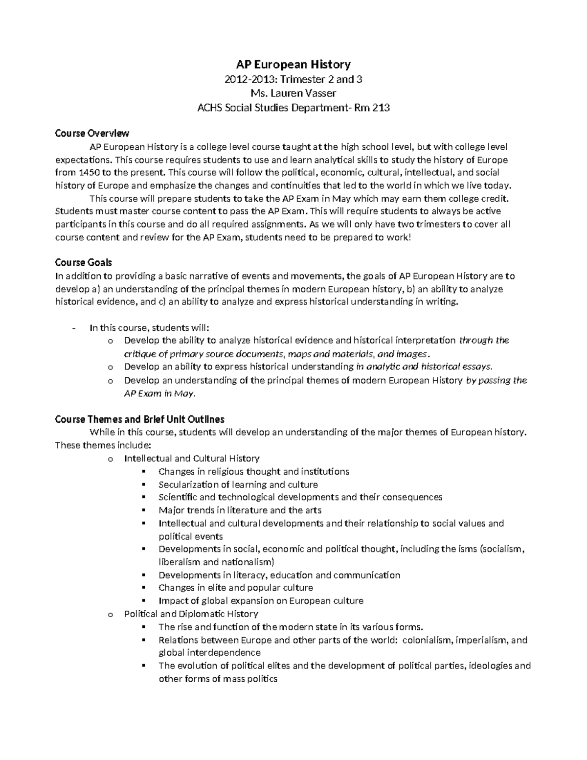 AP European History Syllabus Overview 2012-2013 - Studocu