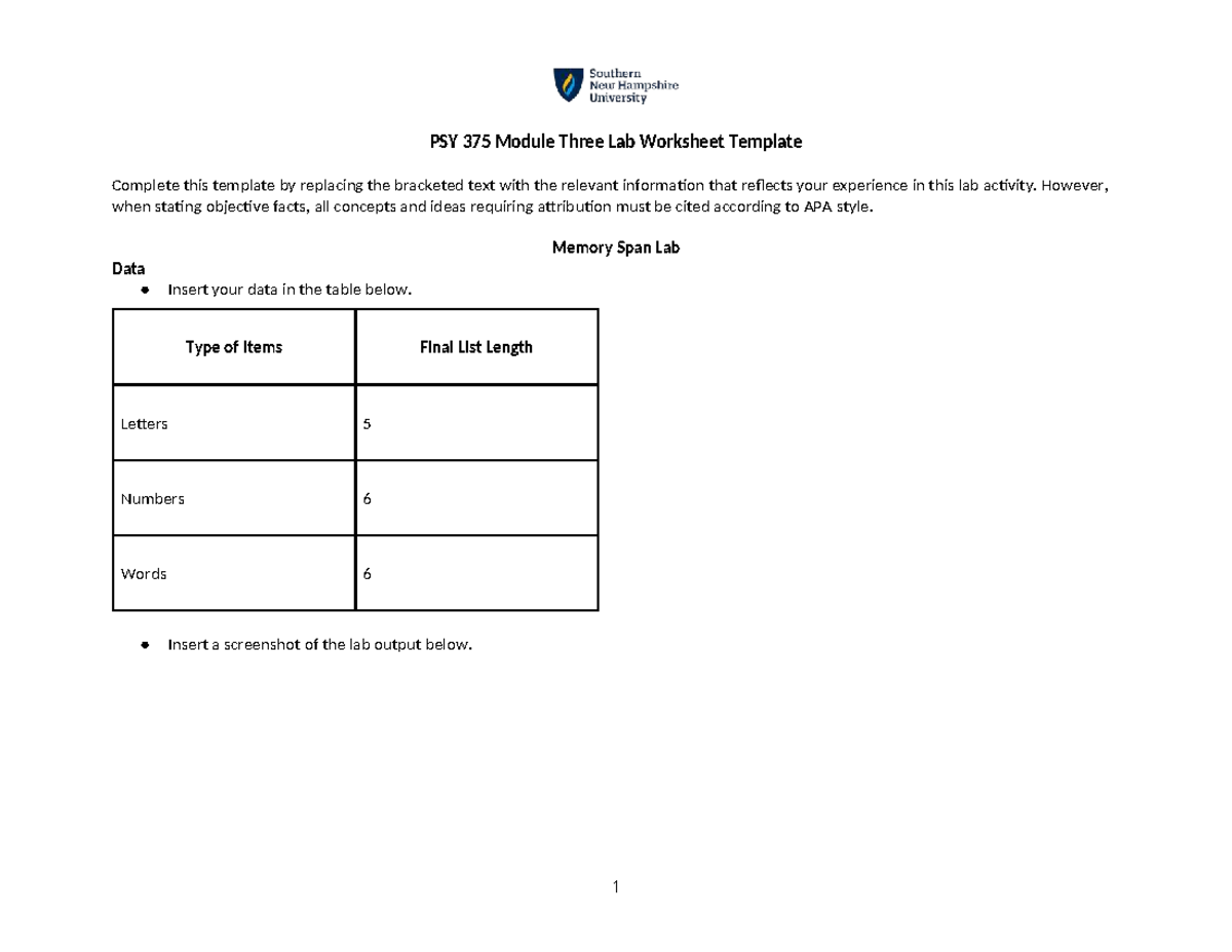 PSY 375 Module Three Lab Worksheet: Data & Analysis - Studocu