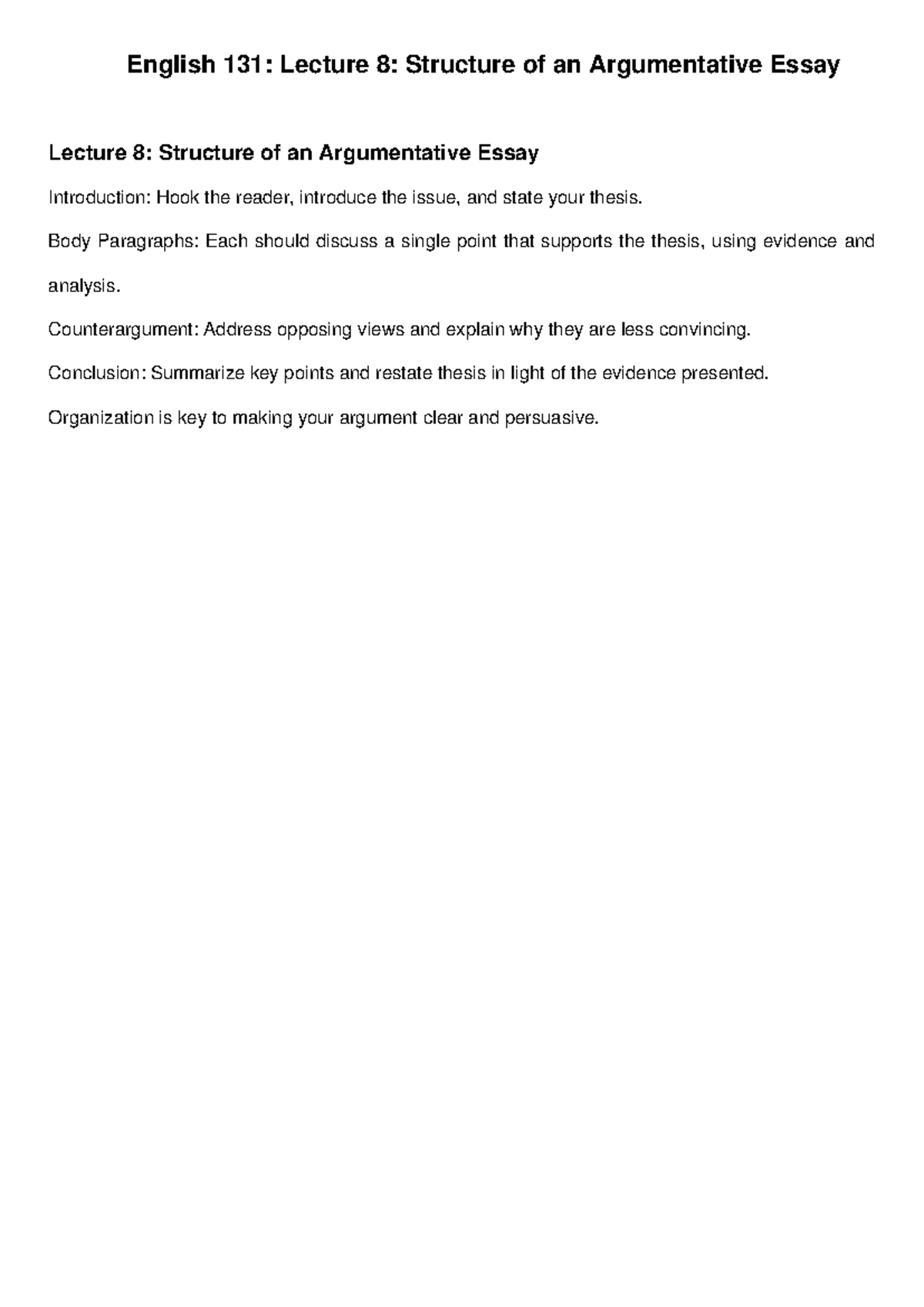 English 131 lecture notes Lecture 8 Structure of an Argumentative Essay ...