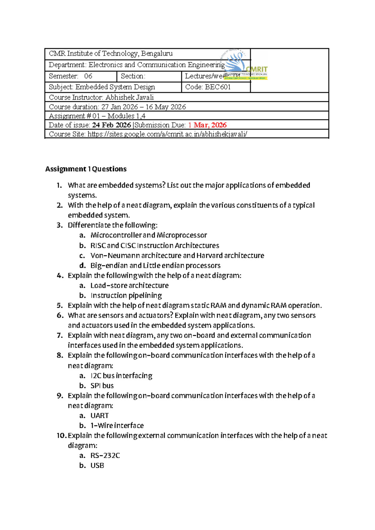 Assignment 1: Embedded System Design (BEC601) - Better Notes - Studocu