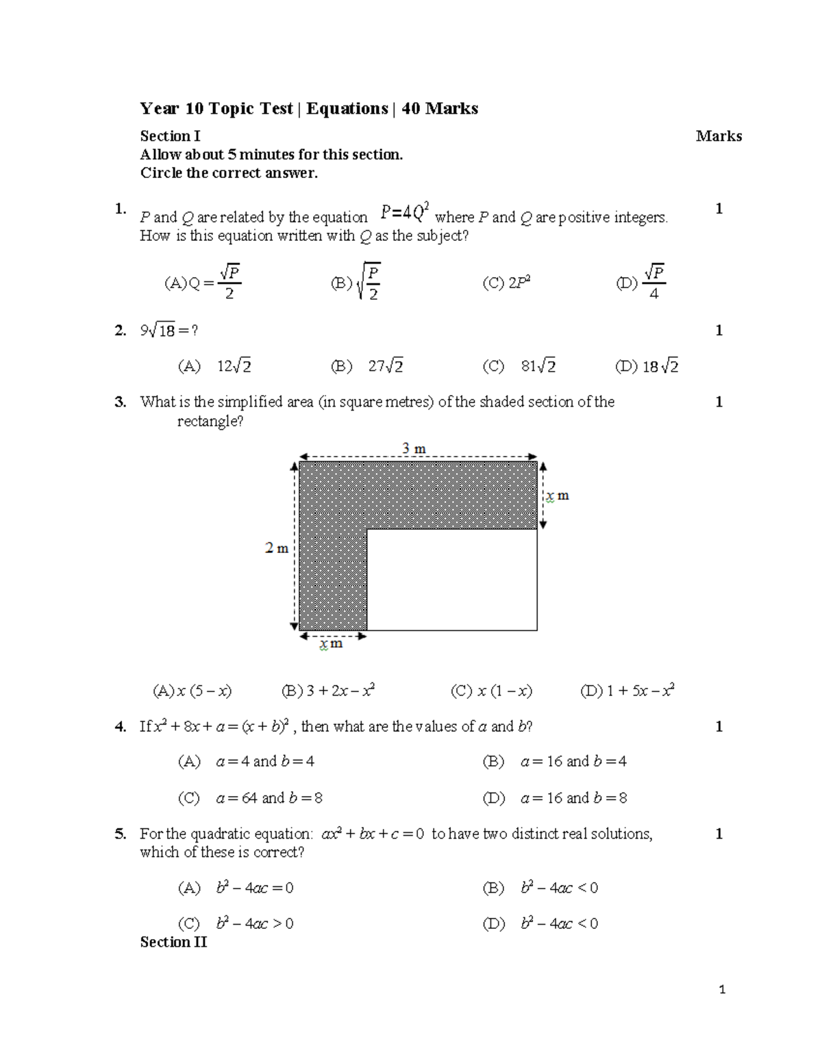 Year 10 Algebra Test - Past Exam & Answers (40 Marks) - Studocu