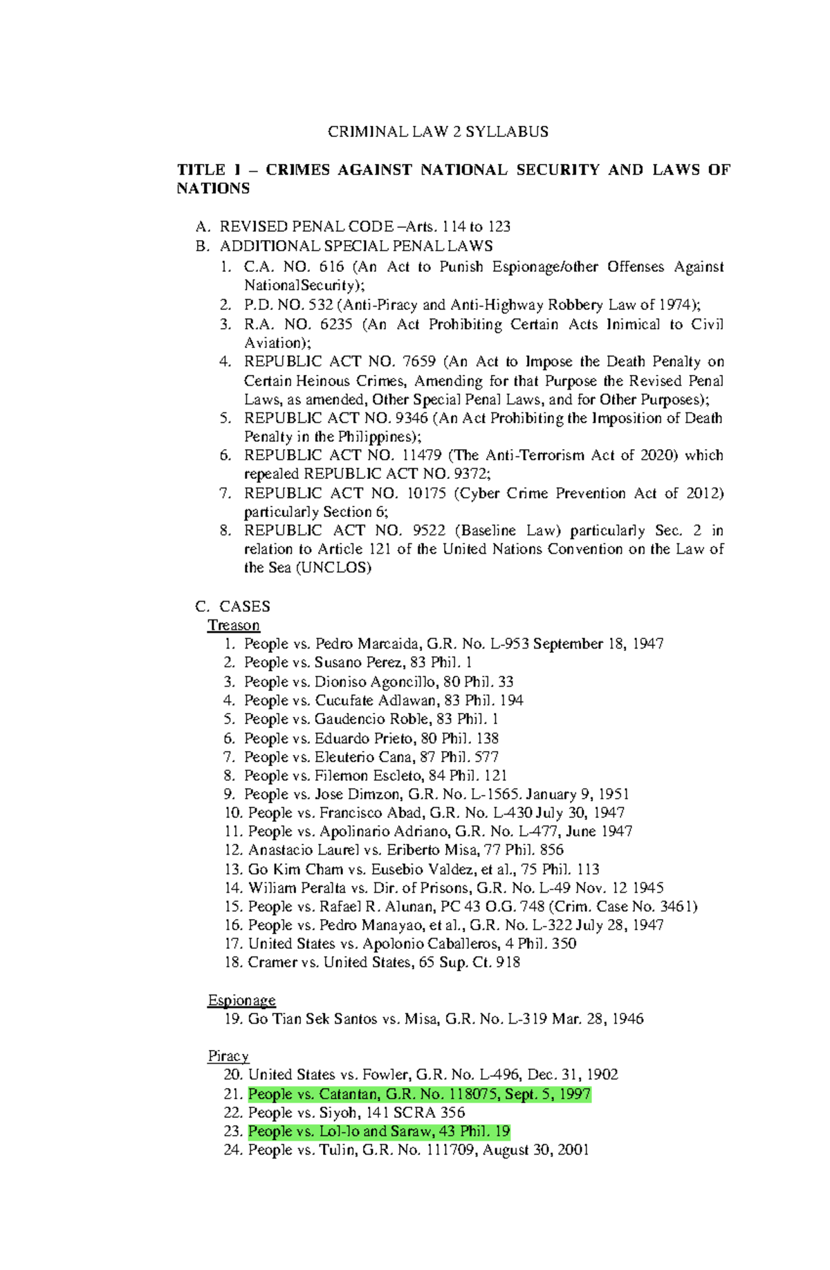 Title I and II - criminal law 2 - CRIMINAL LAW 2 SYLLABUS TITLE I ...