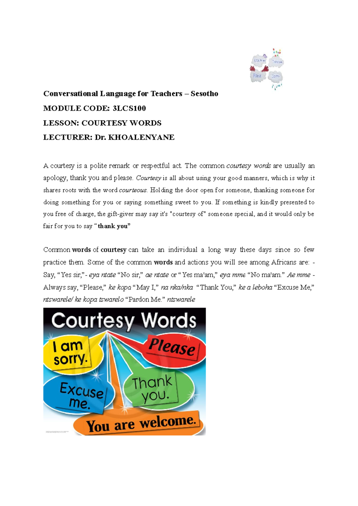 Etiquette 2 - COURTESY WORDS - Conversational Language for Teachers ...