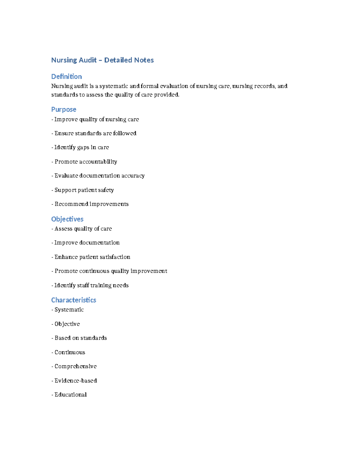 Nursing Audit Notes: Comprehensive Overview and Methods - Studocu