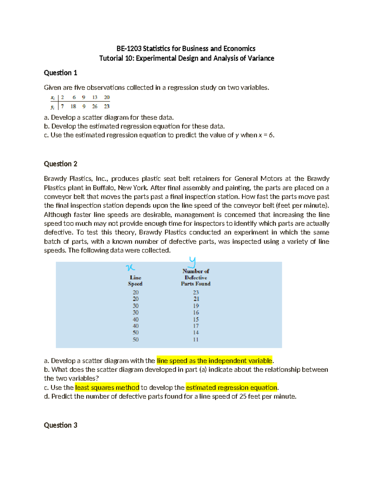 Tutorial 11 - Simple Regression exercise - BE-1203 Statistics for ...