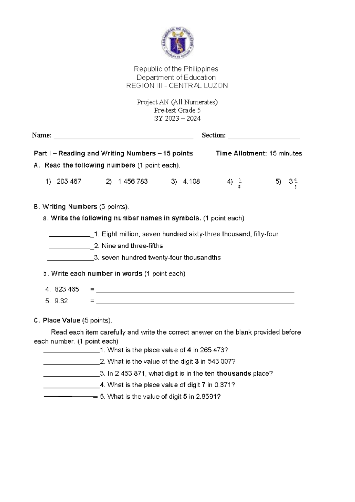Grade 5 Project AN Pre-Test Assessment Tool - SY 2023-2024 - Studocu