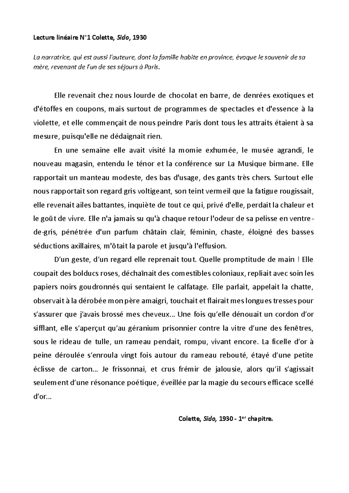 Lecture linéaire N°1 : Portrait de Sido dans l'œuvre de Colette - Studocu