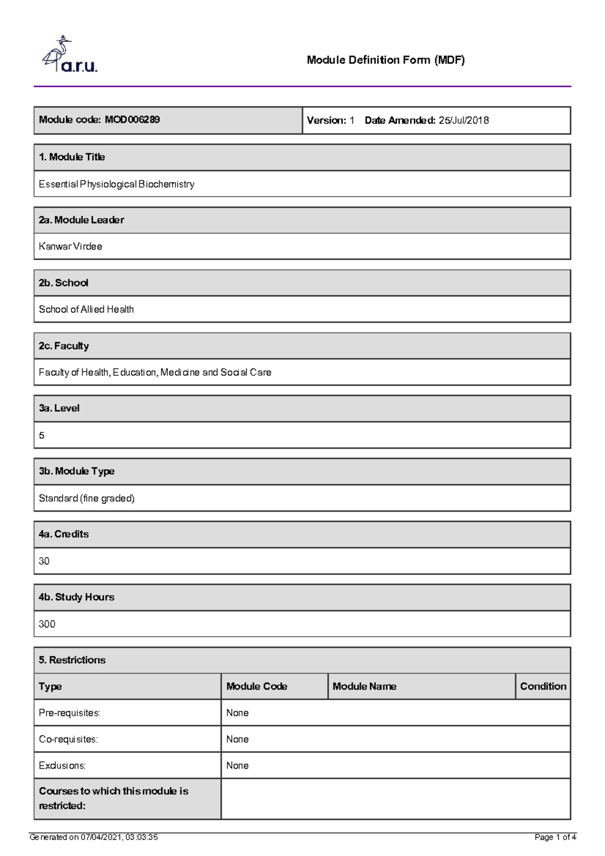 Biochemistry - learning outcomes - Module Definition Form (MDF) Module ...