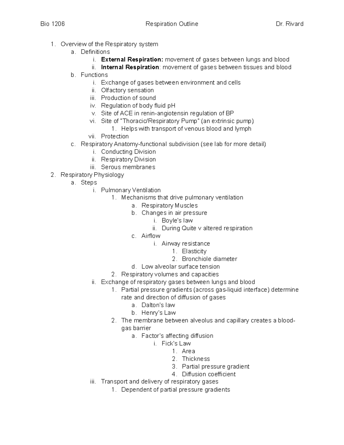 Respiration Outline - Rivard Overview of the Respiratory system a ...