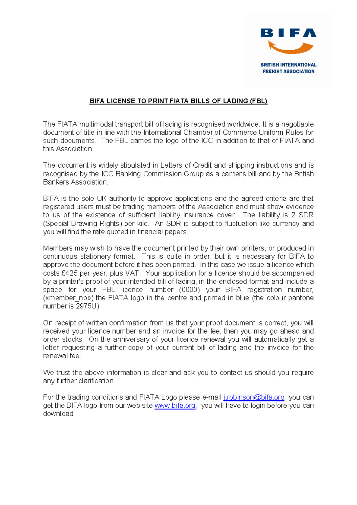 Fiata Bills OF Lading (FBL) - BIFA LICENSE TO PRINT FIATA BILLS OF ...