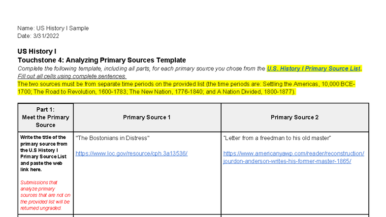US History I Touchstone 4: Analyzing Primary Sources Guide - Studocu