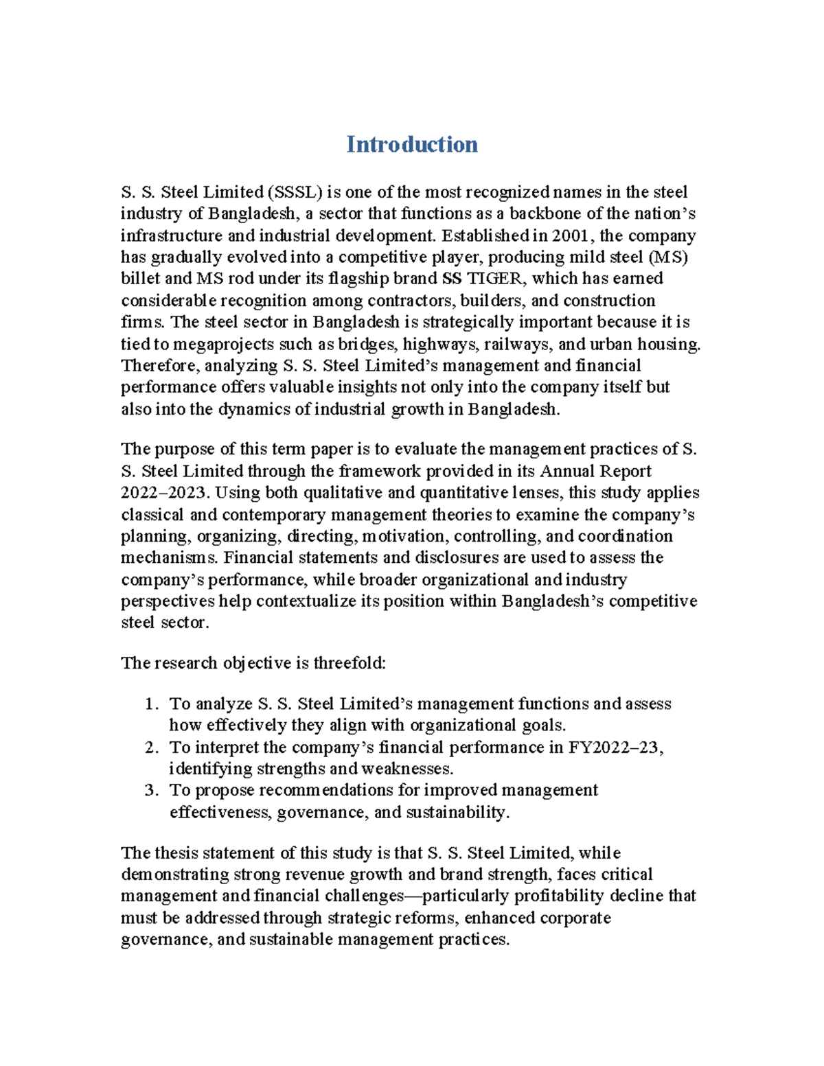 SS Steel Limited: Management & Financial Performance Analysis Term ...