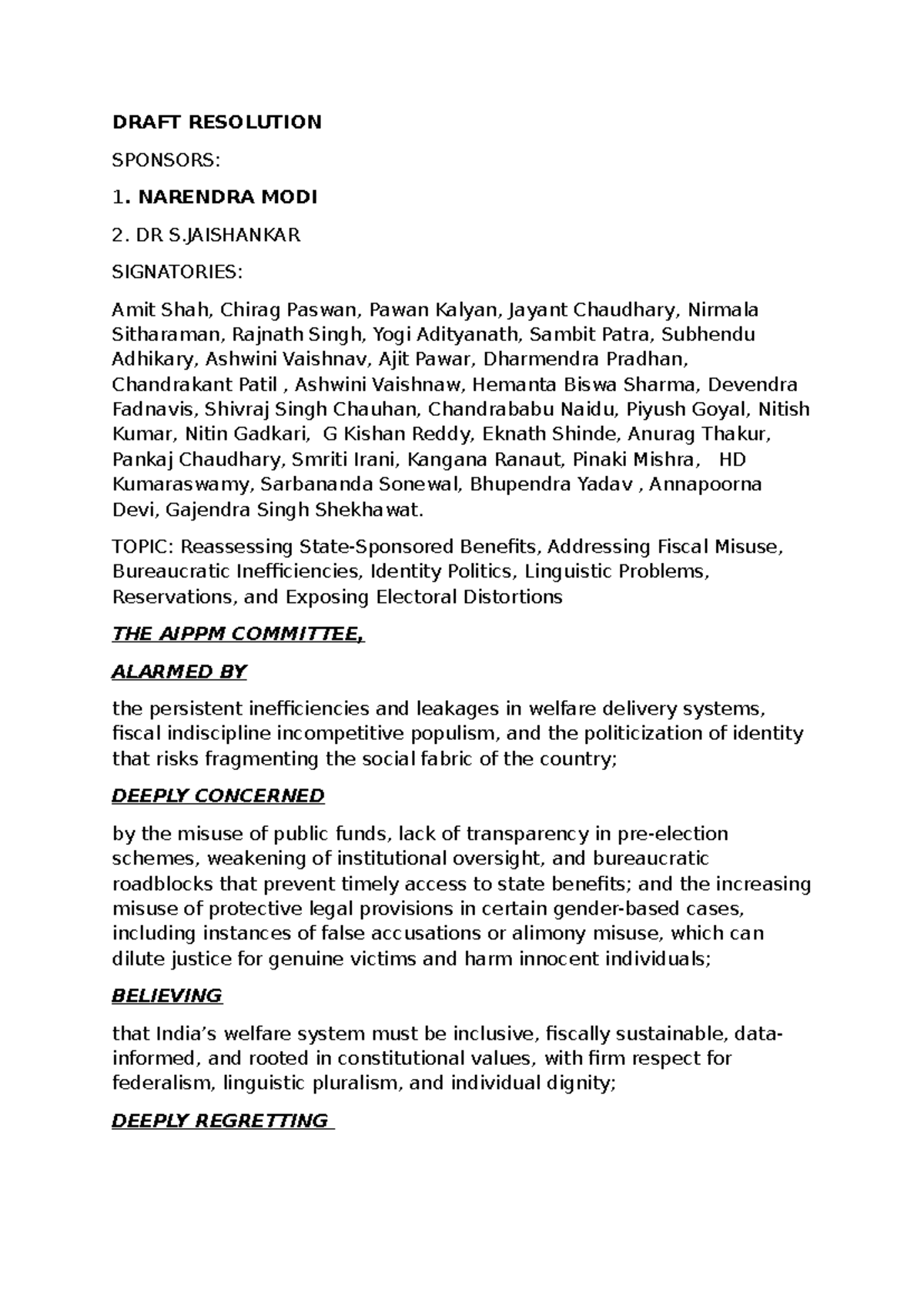 Draft Resolution on Welfare System Reforms - AIPPM Committee - Studocu