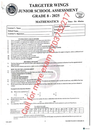 Targeter 006 Grade 8 Mathematics Assessment 2024 - Studocu