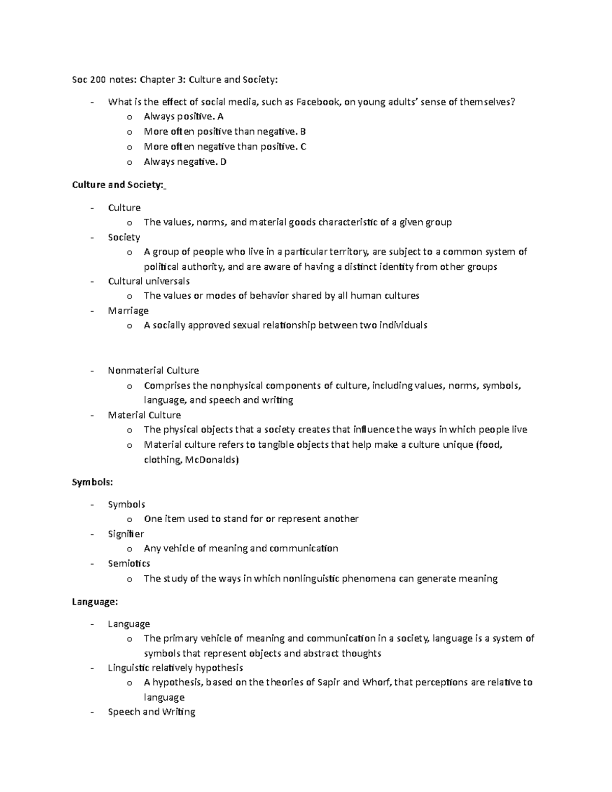 Soc 200 notes Chapter 3 Culture and Society - Soc 200 notes: Chapter 3 ...