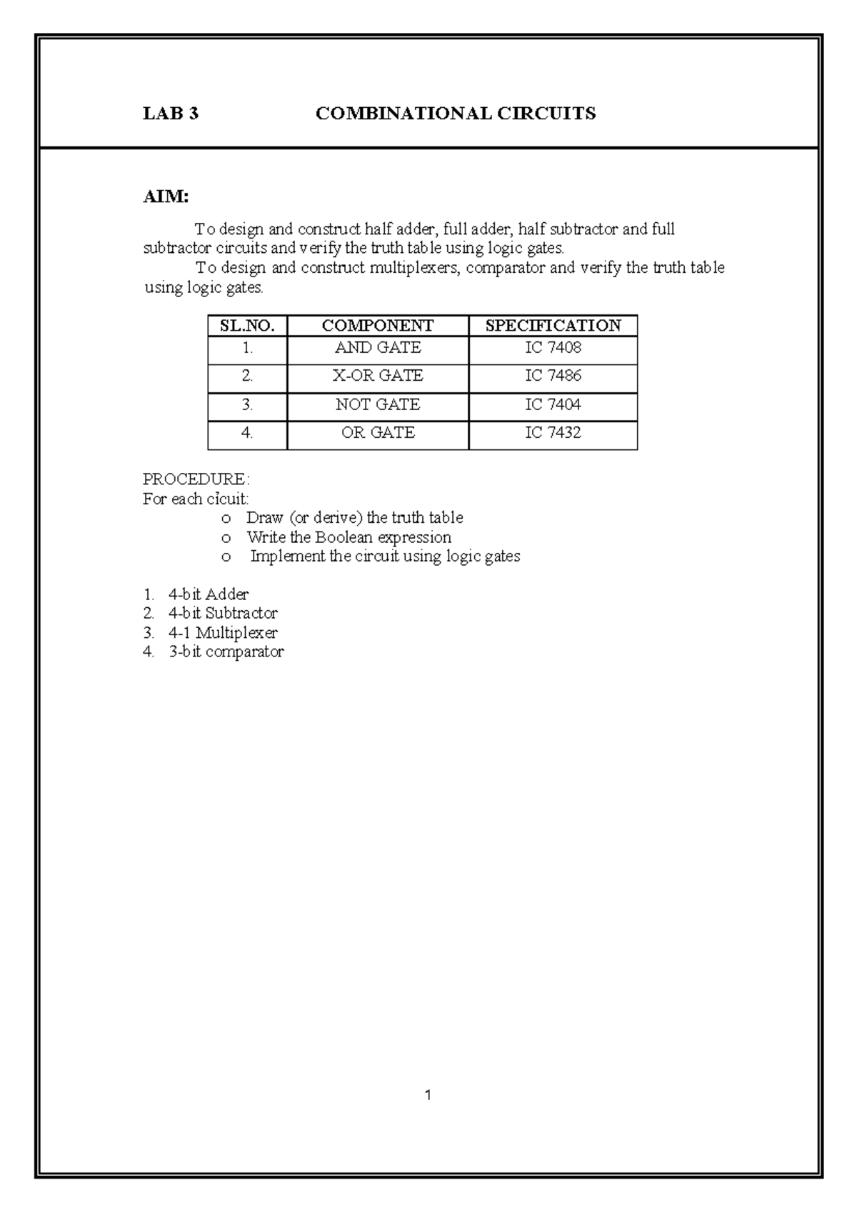 LAB3 Combinational Circuits - 1 LAB 3 COMBINATIONAL CIRCUITS AIM: To ...