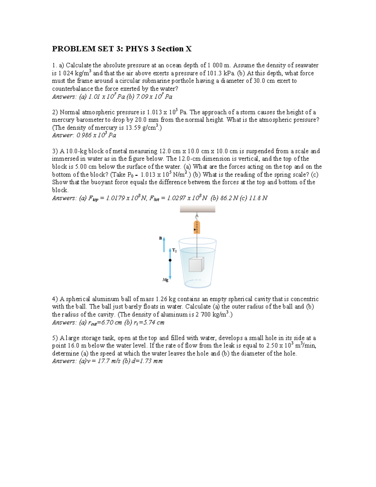 Problem Set 3: PHYS 3 - Pressure Calculations and Concepts - Studocu