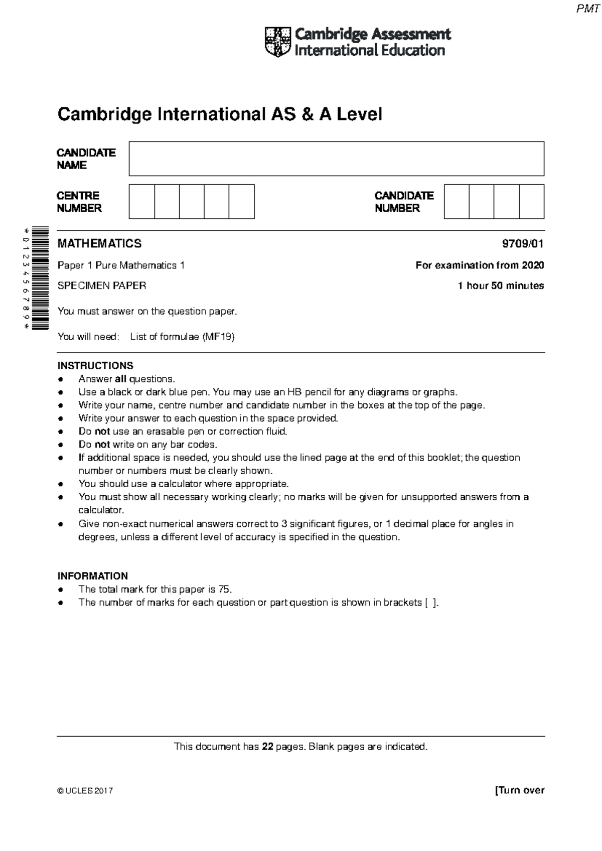 Specimen Paper 2020: AS & A Level Math 9709/01 QP - Studocu