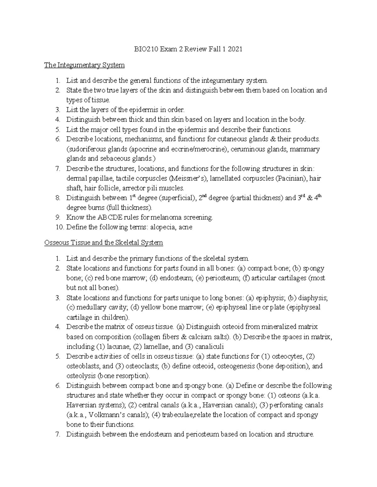 BIO210 Exam 2 Review: Integumentary, Skeletal & Muscular Systems - Studocu