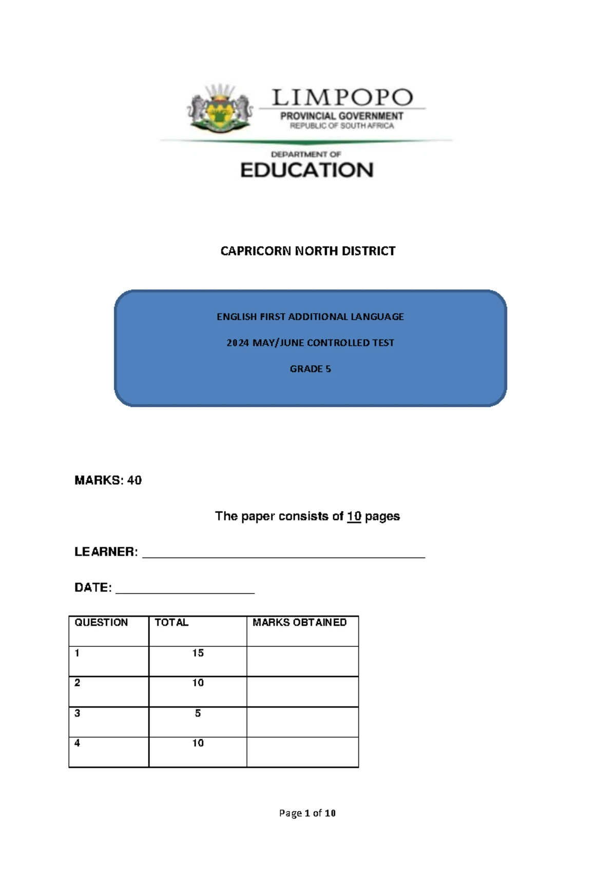 Grade 6 English FAL Controlled Test June 2023 - Marking Guidelines ...