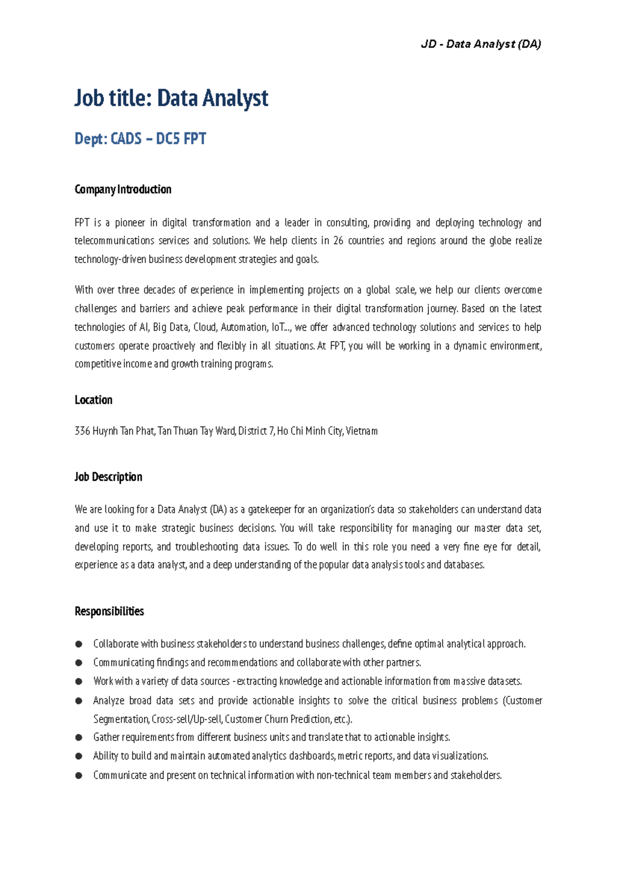 FPT-CADS DA 2022 - Job Description for Data Analyst Position - Studocu