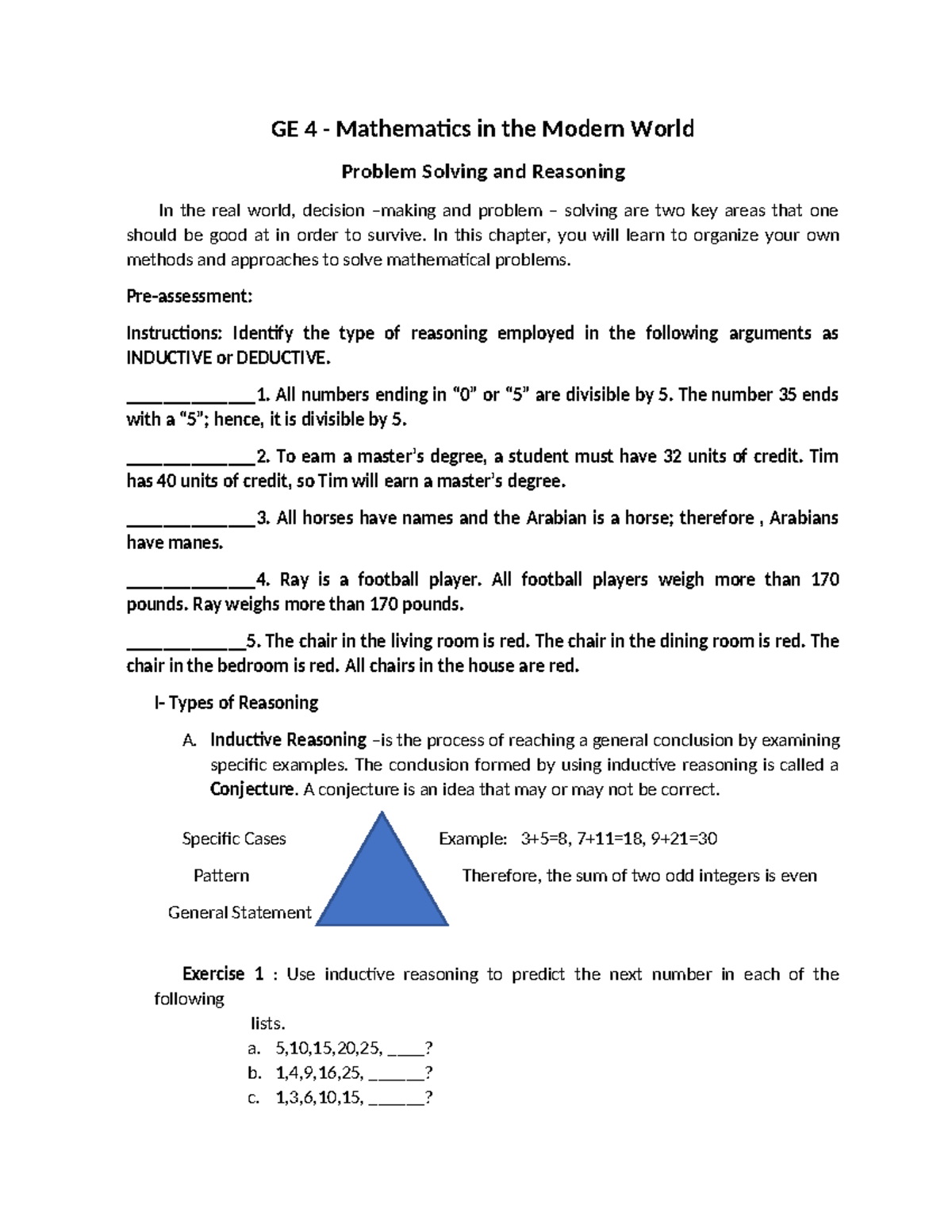 GE 4 Mathematics in the Modern World: Problem Solving & Reasoning - Studocu