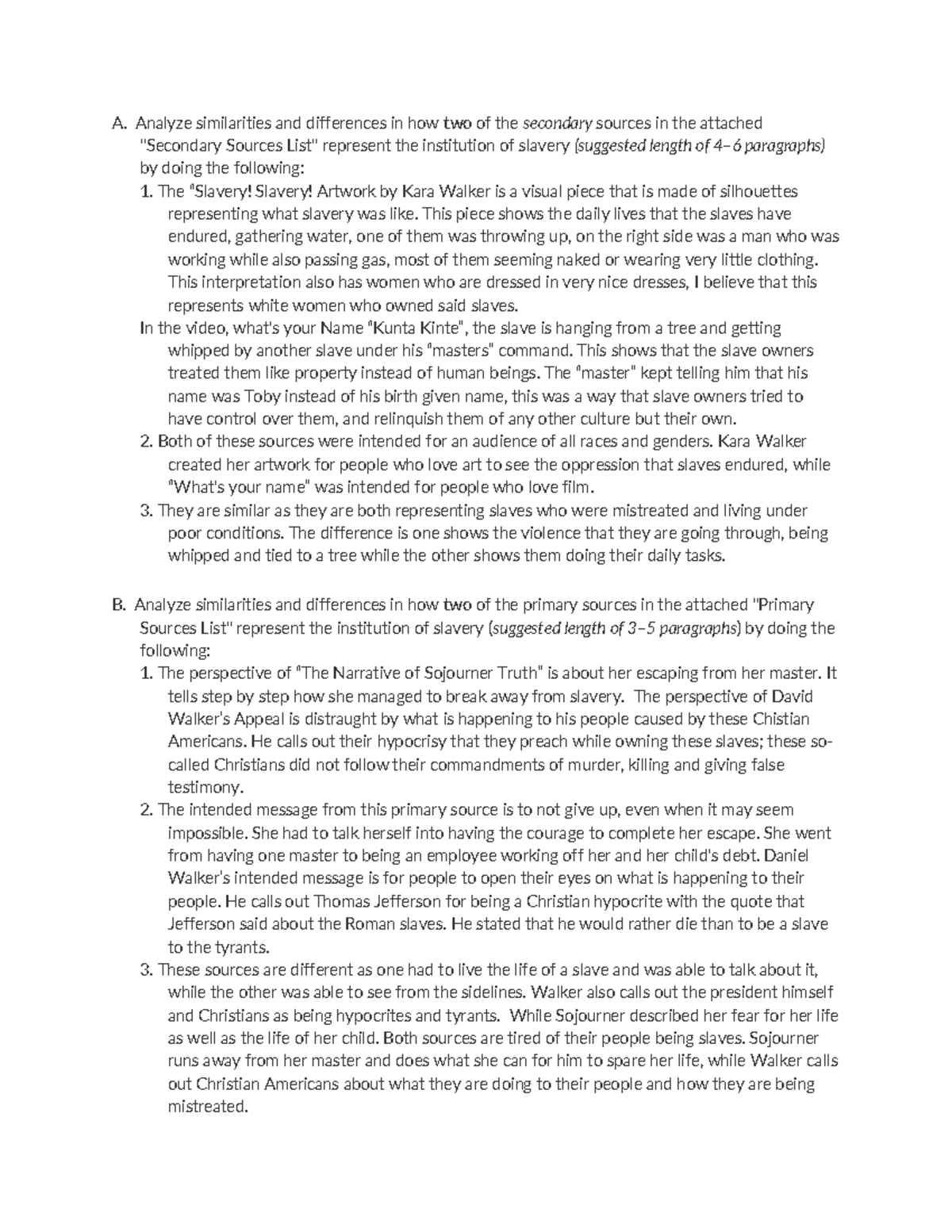 US History Task 1: Analyzing Slavery in Primary & Secondary Sources ...