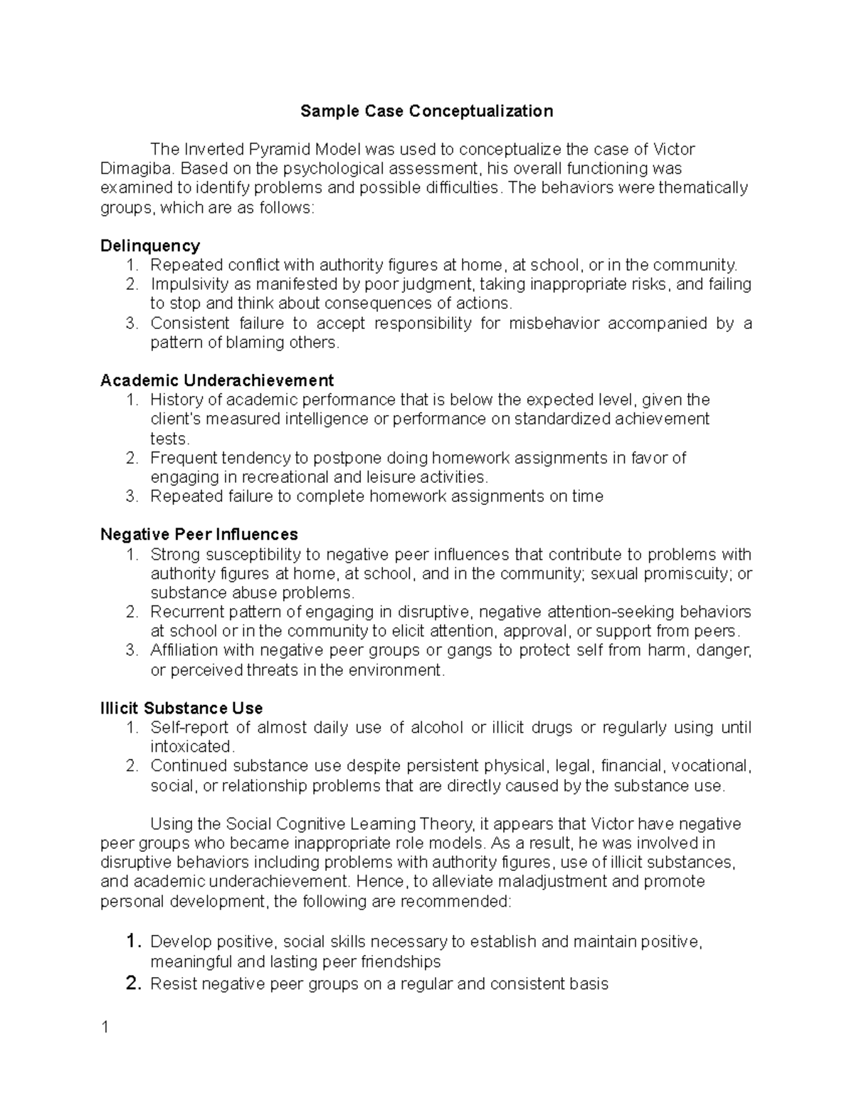 Sample Case Conceptualization - Based on the psychological assessment ...