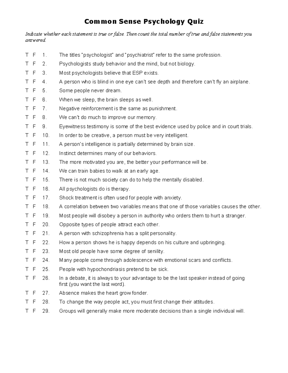 Common Sense Psychology Quiz (PSY101) - True/False Statements - Studocu