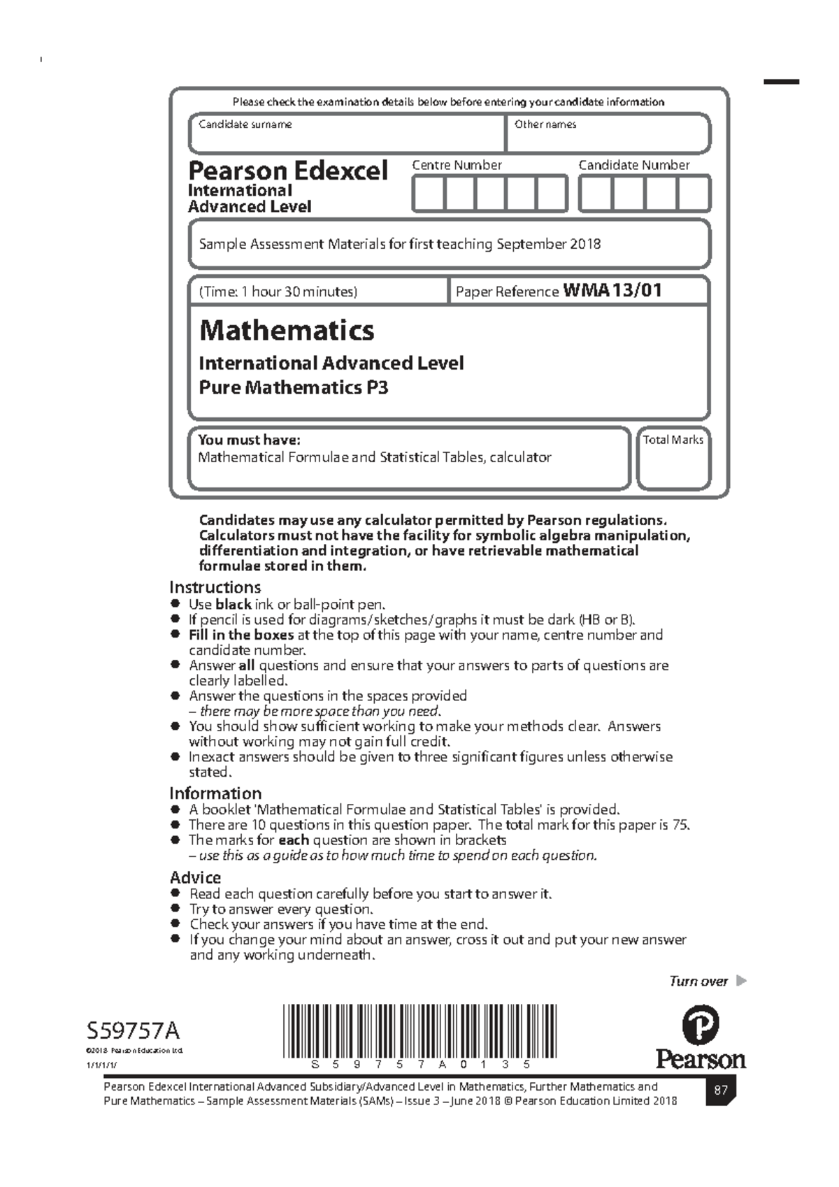 Edexcel IAL Mathematics P3 Sample Assessment Materials (SAM) - Studocu