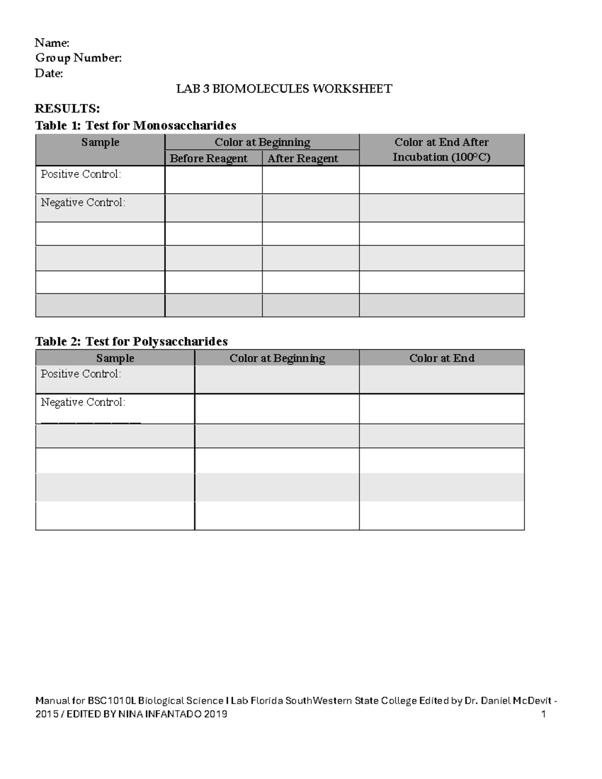 BSC1010L Biological Science I Lab: Biomolecules Worksheet Results - Studocu