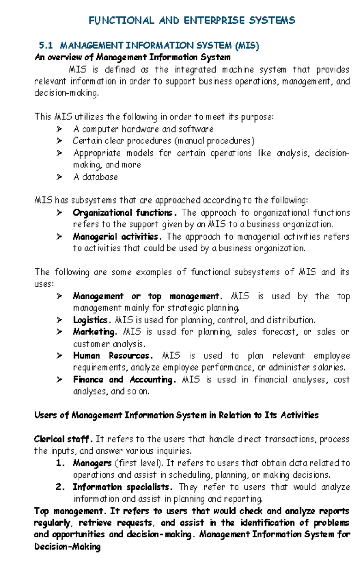 AIS Chapter 5: Overview of Functional & Enterprise Systems in MIS - Studocu