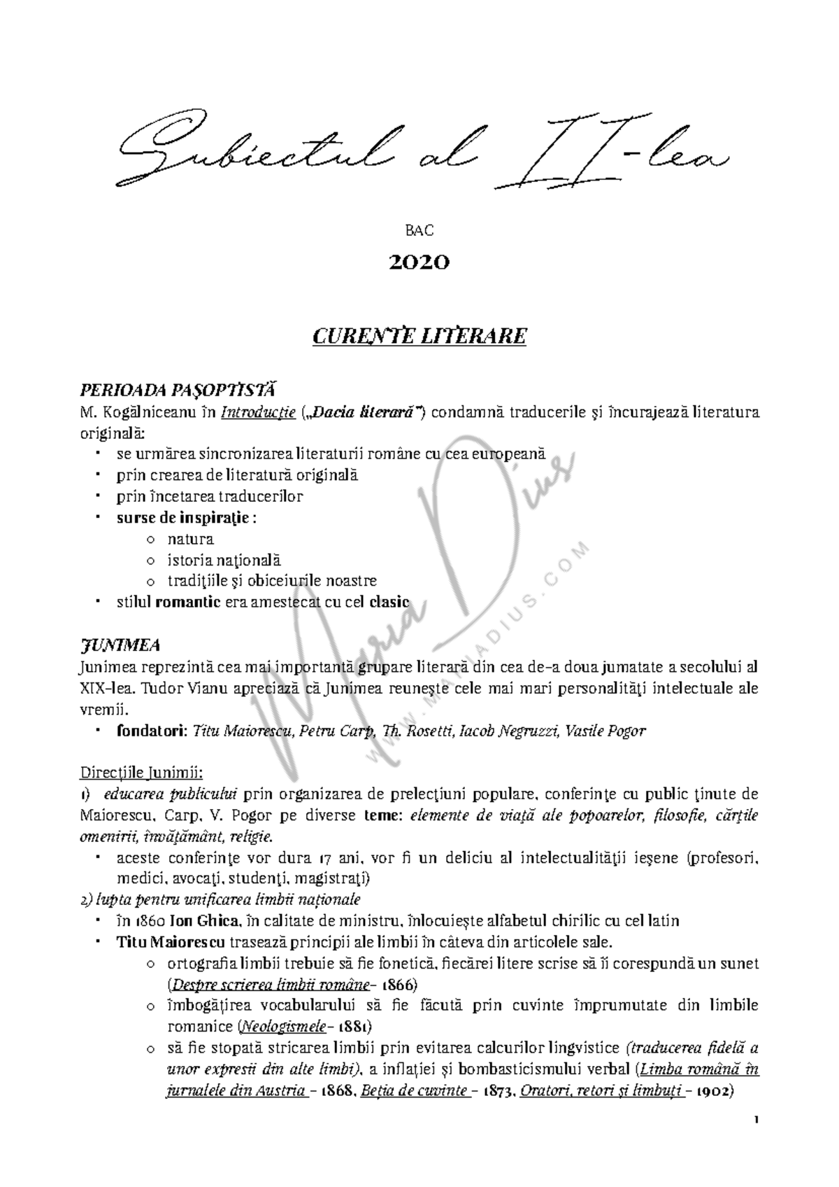 Subiectul II watermark - Subiectul al II-lea BAC 2020 CURENTE LITERARE ...