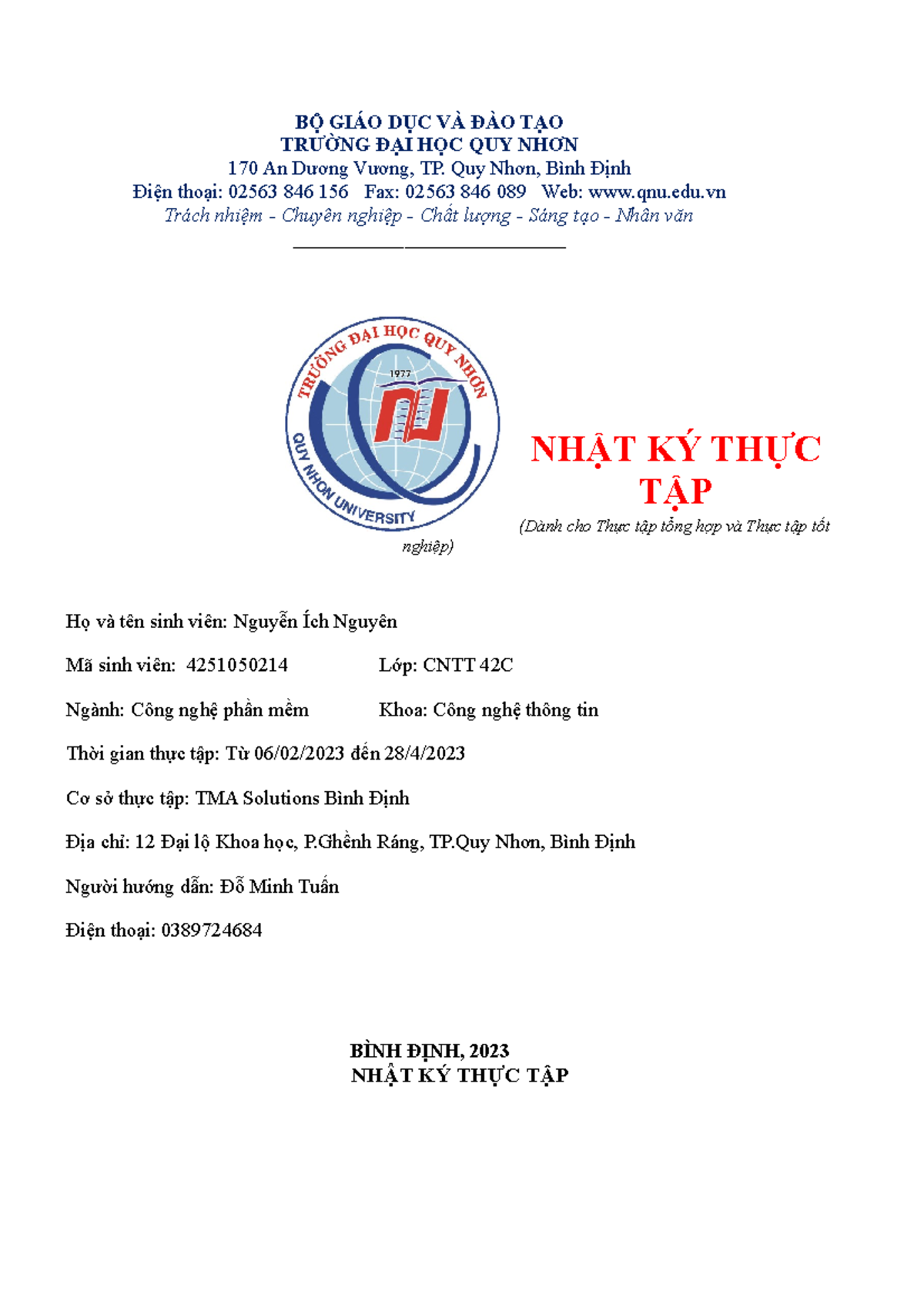 Nhật ký thực tập tổng hợp - DHQN - CNTT 42C - Studocu