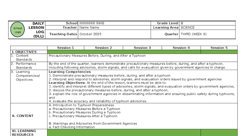 Grade 8 Science Lesson Plan: Typhoon Preparedness (WEEK 6 DLL) - Studocu